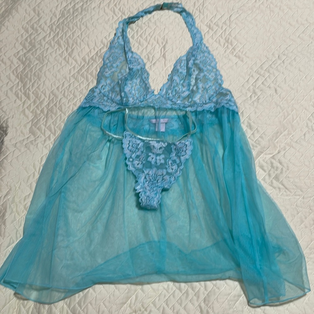 Nwot Lingerie Set Blue Lace Sheer G String Panty Gem